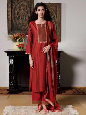 Buy Ganga Fashions Deep Red Silk Festive Kurta with Pant and Dupatta ...