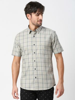 Buy Dragon Hill Half Sleeves Cement Grey Half Sleeves Checked Twill ...