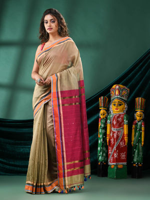 Buy Angoshobha Women Beige Blended Fabric Colorblock Woven Saree with ...
