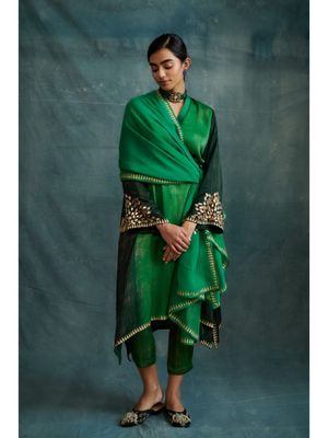 Buy Krishna Mehta Green Shaded Embroidered Block Printed Kurta and Pant ...