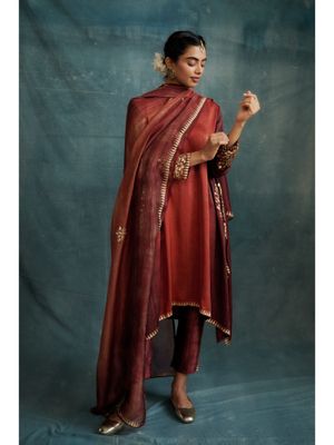 Buy Krishna Mehta Rust Shaded Embroidered Block Printed Kurta and Pant ...