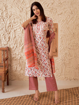 Buy Libas Womens Rust Floral Kurta with Pant and Dupatta (Set of 3) (XS ...