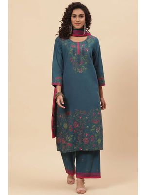 Buy Biba Blue Cotton Straight Suit (set Of 4) Online