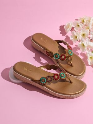 Buy Inc.5 Womens Golden Ethnic Embellished T-Strap Slip-On Sandals ...