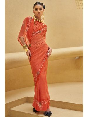 Buy Mysilklove Aboli Orange Floral Printed Georgette Saree with ...