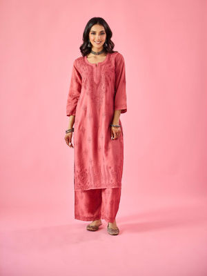 Buy Old Marigold Macaba Pink Chanderi Hand Embroidered Chikankari Kurta ...