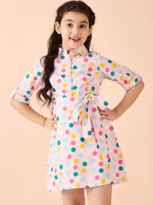 Buy Stylo Bug Girls Pink Polka Printed Dress with Belt (Set of 2) (2-3 ...