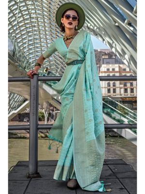 Buy Mysilklove Trade Wind Blue Banarasi Handloom Saree with Unstitched ...
