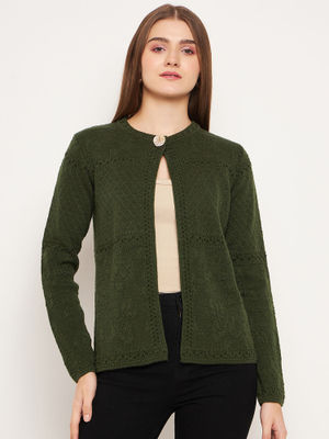Buy Madame Women Solid Olive Cardigan Online