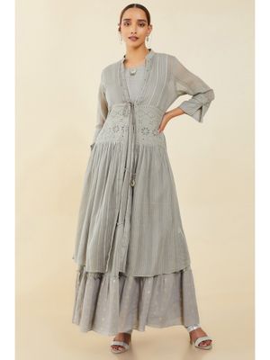 Buy Soch Women Grey Cotton Embroidered Dress with Jacket (Set of 2) online