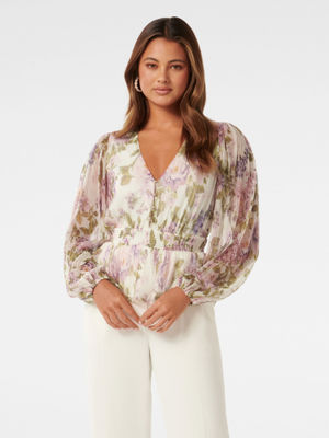 Buy Forever New Sibel V-Neck Plisse Long Sleeve Blouse Online
