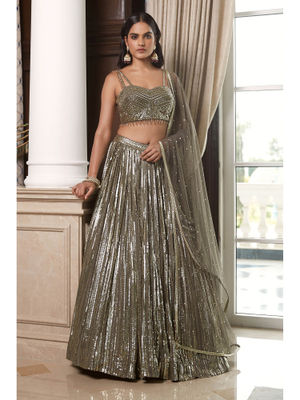 Buy Basanti Kapde aur Koffee Green Embroidered Blouse and Lehenga with ...