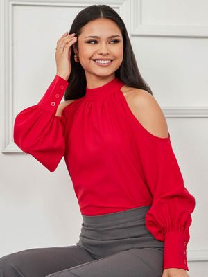 Buy Styli Red Cold Shoulder High Neck Solid Blouse Online
