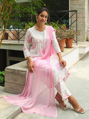 Buy Bud & Tulip White Pink Lotus Arunima Kurta with Pant and Dupatta ...