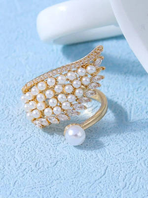 Buy OOMPH Gold Tone Pearls Wing Shape Ring - Open Ring Adjustable Online