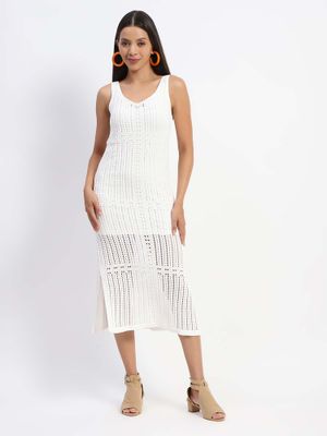 Buy Madame Off White Self Design Midi Dress (S) Online