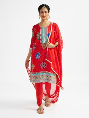 Buy Vastramay Womens Red Three Quarter Sleeves Sequinned Kurta Dhoti ...