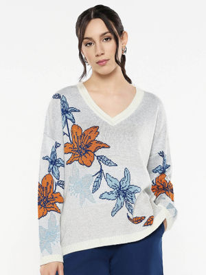 Buy RAREISM Cometry Primary Off White Relaxed Floral Sweater (XXS) Online