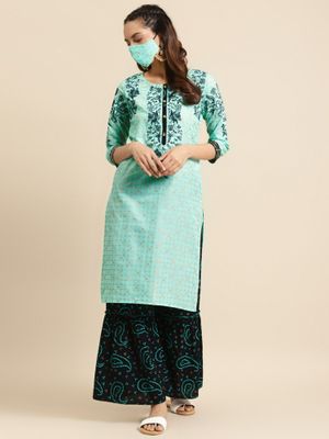 Buy Rangmayee Womens Turquoise & Navy Gold Print & Embroidery Kurta ...