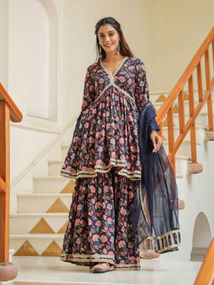 Buy SamaayaJaipur Tuna Navy Blue Cotton Kurta with Sharara & Dupatta ...