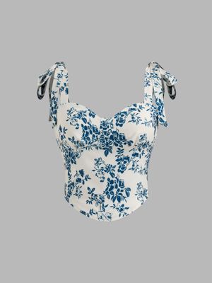 Buy Cider Blue Sweetheart Floral Knotted Shirred Crop Top (S) Online