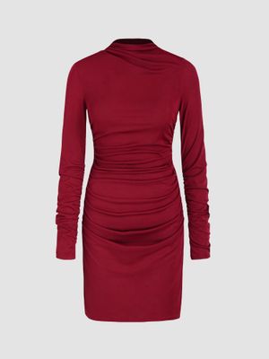 Buy Cider Stand Collar Solid Ruched Mini Dress Online