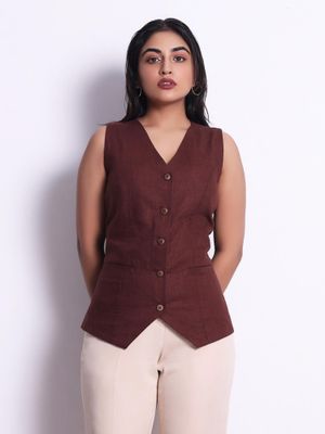 Buy Jaey Women Brown Linen Cascade Tie Top (XS) Online