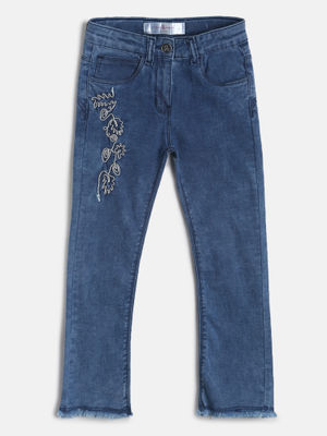 Buy Tales & Stories Girls Blue Lycra Embroidered Jeans Online