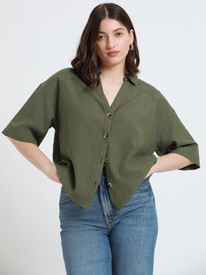 Buy DL WOMAN Olive Half Sleeves Oversized Casual Shirt Online