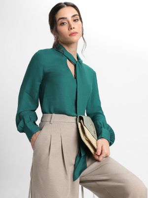 Buy DL WOMAN Bottle Green Tie-Up Neck Full Cuffed Sleeves Top Online