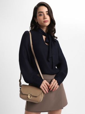 Buy DL WOMAN Navy Blue Tie-Up Neck Full Cuffed Sleeves Top Online