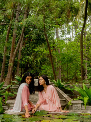 Buy Ganga Fashions Strawberry Ice Pink And Grey Bemberg Printed Silk ...