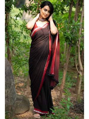 Buy I LOVE SAREES Young Romance Black Saree without Blouse with Red ...