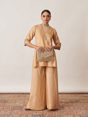 Buy Vaaya Gold Pure Handwoven Silk Kurta with Palazzo (Set of 2) Online
