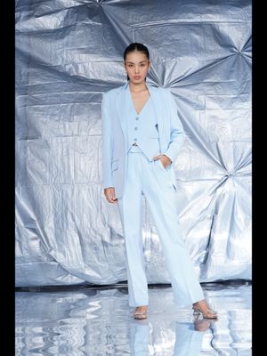 Buy MARVIZA Ice Blue Blazer With Trench Coat And Pant (Set of 3) Online