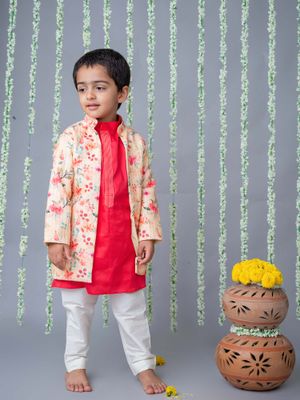 Buy LABEL NEETI Boys Pink Floral Jacket with Kurta and Pant (Set of 3 ...