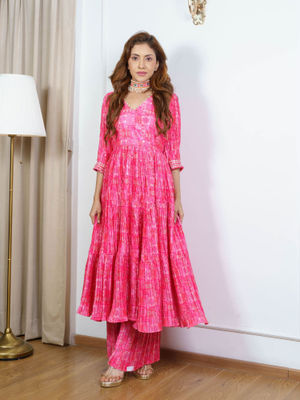Buy NEHA SHARMA LABEL Pink Printed Anarkali Kurta with Pant (Set of 2 ...