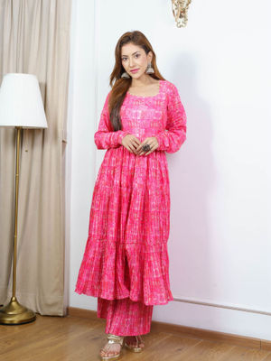 Buy NEHA SHARMA LABEL Pink Abstract Print Anarkali Kurta with Pant (Set ...