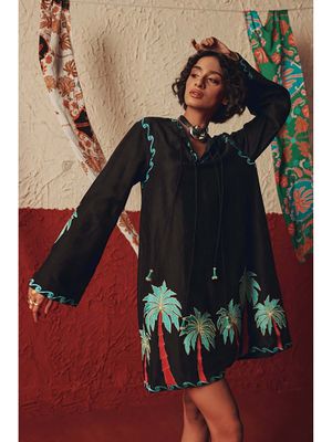 Buy ZABELLA Wild Roots Black Handcrafted Linen Mini Dress (M) Online