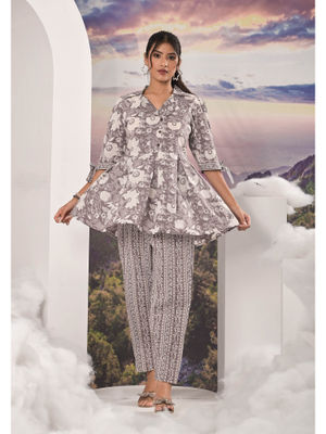 Buy The Kapas Rhino Grey Floral Print Cotton Peplum Co-Ord (Set of 2) Online