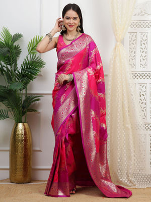 Buy Dress & Dazzle Pink Silk Saree with Unstitched Online
