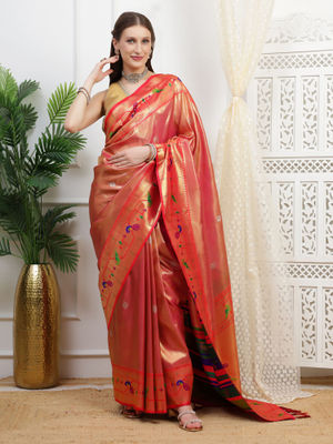 Buy Dress & Dazzle Rust Paithani Tissue Silk Saree with Unstitched Online