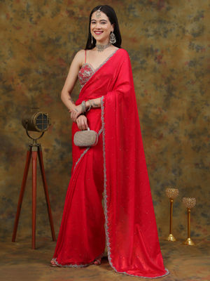 Buy Dress & Dazzle Ruby Red Satin Tissue Saree with Unstitched Online