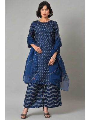 Buy W Women Blue Festive Floral Print Shantung Kurta With Parallel Pant ...