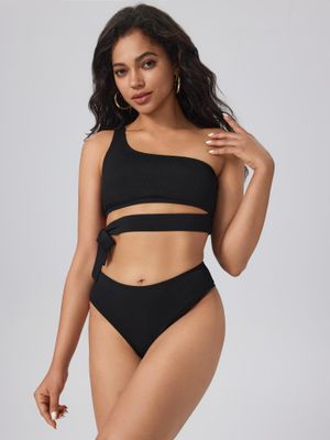 Buy Cider Shaping Rib Solid Bowknot One Shoulder Bikini (Set of 2) (XS) Online