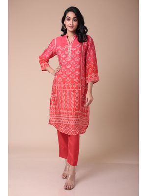 Buy Zari Jaipur Silk Blend Kurta with Pant- Peach (Set of 2) Online
