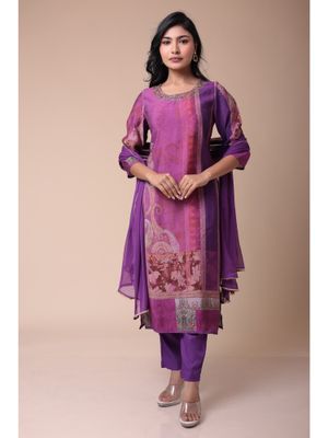 Buy Zari Jaipur Silk Blend Kurta with Pant & Dupatta- Purple (Set of 3 ...