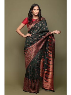 Buy Zari Jaipur Dark Green Banarsi Silk Saree with Unstitched Blouse Online