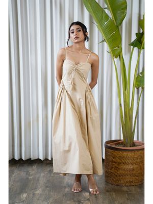 Buy Moonstruck Beige Side Princess Pleats Strappy Maxi Dress (XS) Online