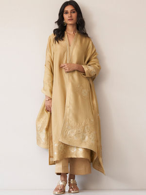 Buy Ganga Fashions Gold Beige Silk Jacquard Kurta with Pant & Dupatta ...